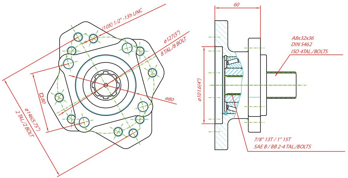 ADAPTER PTO ISO - POMP SAE BB 1" Z=15 GELAGERD