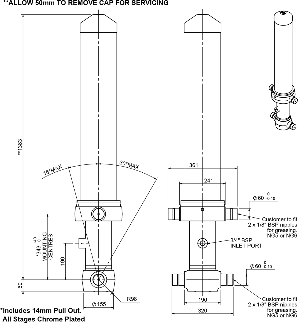 TIPPING CYLINDER CS11 3 STAGES 34 TONNES STROKE 3344 (ALL STAGES CHROMED)