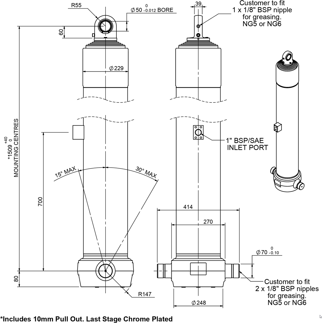 TIPPING CYLINDER PLAIN EYE CS19 6 STAGES 30 TONNES STROKE 7444