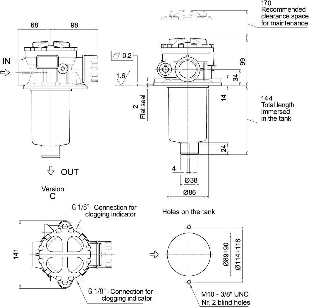 RETURN FILTER WITH 1“ AERATION & 1/2” LEAKAGE CONNECTION